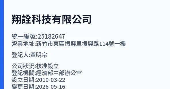 翔詮科技有限公司的照片-統編 25182647(新竹市) 公司登記資料與營業項目詳細圖表