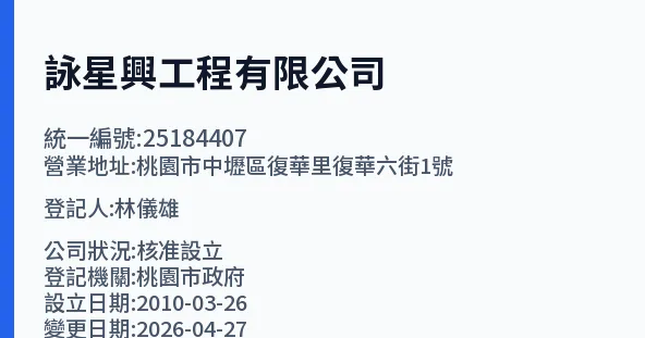 詠星興工程有限公司的照片-統編 25184407(桃園市) 公司登記資料與營業項目詳細圖表