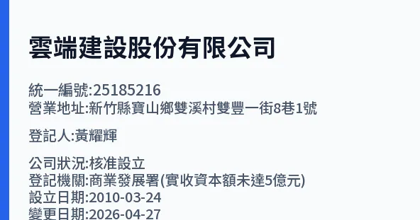 雲端建設股份有限公司的照片-統編 25185216(新竹縣) 公司登記資料與營業項目詳細圖表