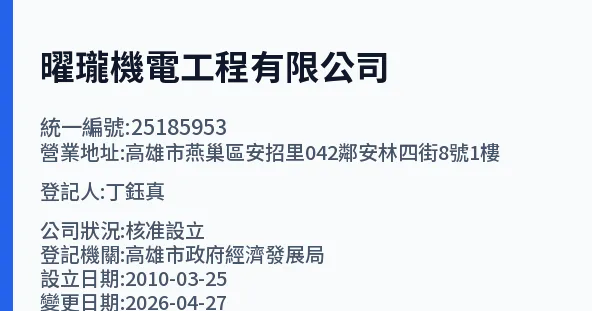 曜瓏機電工程有限公司的照片-統編 25185953(高雄市) 公司登記資料與營業項目詳細圖表
