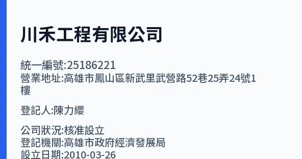 川禾工程有限公司的照片-統編 25186221(高雄市) 公司登記資料與營業項目詳細圖表