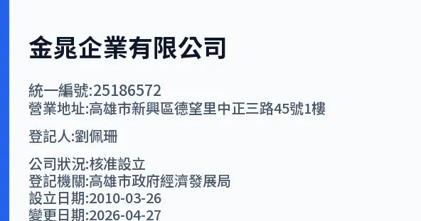 金晁企業有限公司的照片-統編 25186572(高雄市) 公司登記資料與營業項目詳細圖表