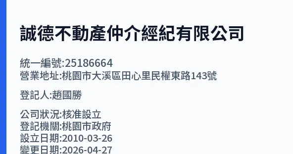 誠德不動產仲介經紀有限公司的照片-統編 25186664(桃園市) 公司登記資料與營業項目詳細圖表