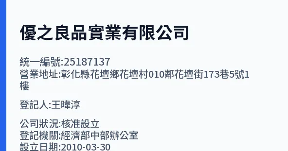 優之良品實業有限公司的照片-統編 25187137(彰化縣) 公司登記資料與營業項目詳細圖表