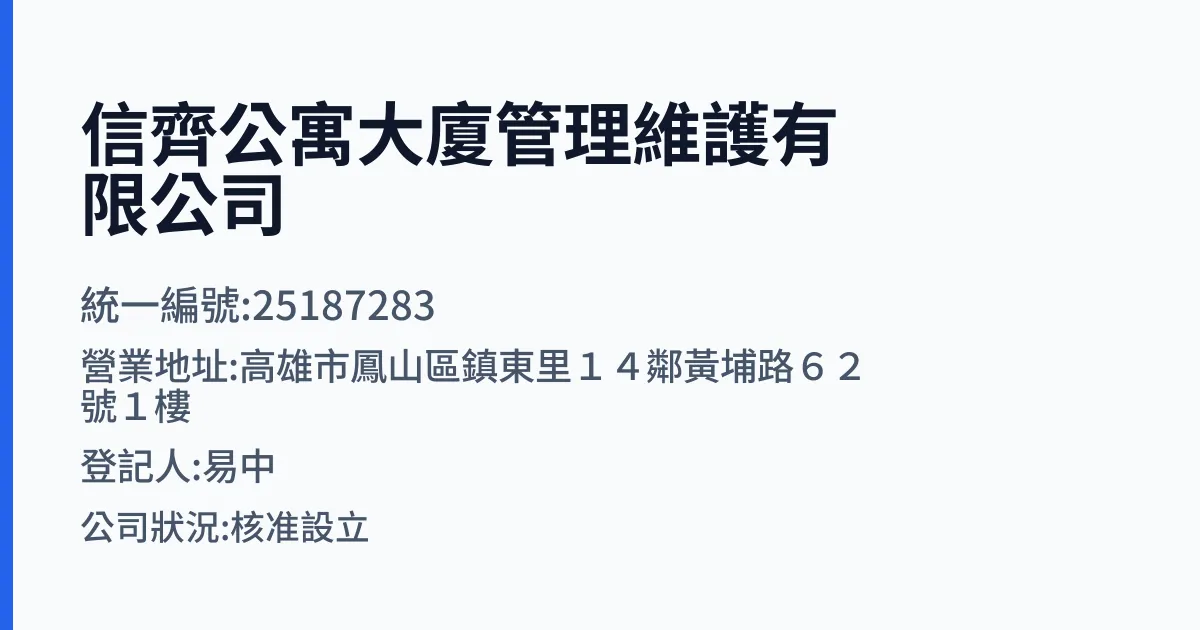 信齊公寓大廈管理維護有限公司 - 統編 25187283 (高雄市) 公司登記資料與營業項目詳細圖表