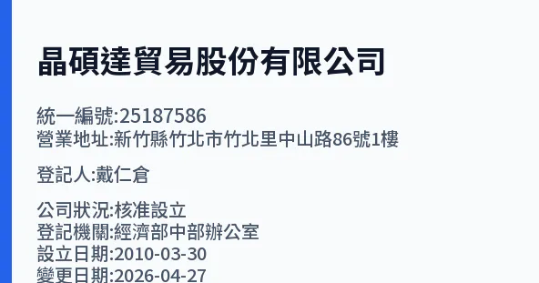 晶碩達貿易股份有限公司的照片-統編 25187586(新竹縣) 公司登記資料與營業項目詳細圖表
