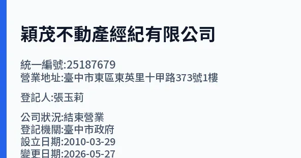 穎茂不動產經紀有限公司的照片-統編 25187679(臺中市) 公司登記資料與營業項目詳細圖表