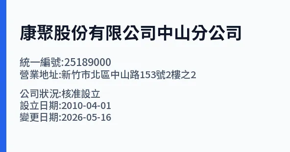 康聚股份有限公司中山分公司的照片-統編 25189000(新竹市) 公司登記資料與營業項目詳細圖表