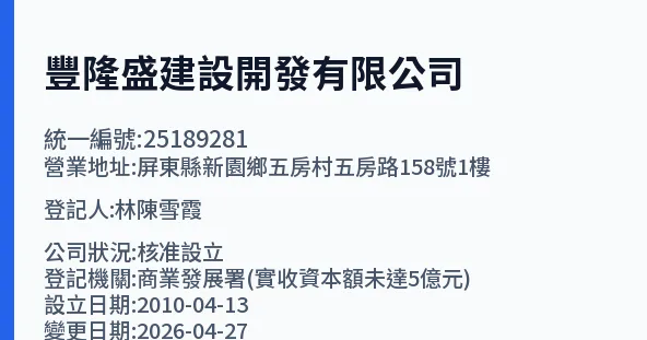 豐隆盛建設開發有限公司的照片-統編 25189281(屏東縣) 公司登記資料與營業項目詳細圖表