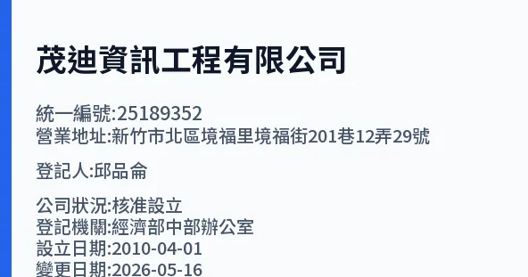 茂迪資訊工程有限公司的照片-統編 25189352(新竹市) 公司登記資料與營業項目詳細圖表