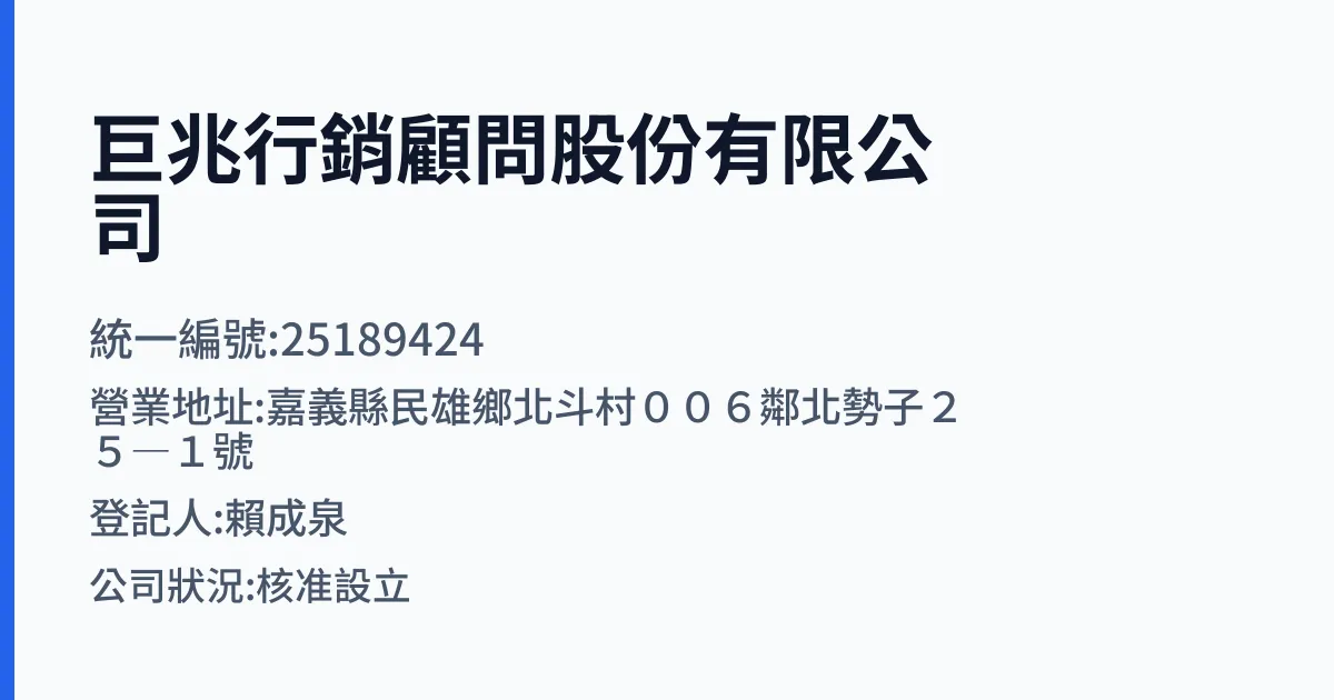 巨兆行銷顧問股份有限公司 - 統編 25189424(嘉義縣) 公司登記資料與營業項目詳細圖表
