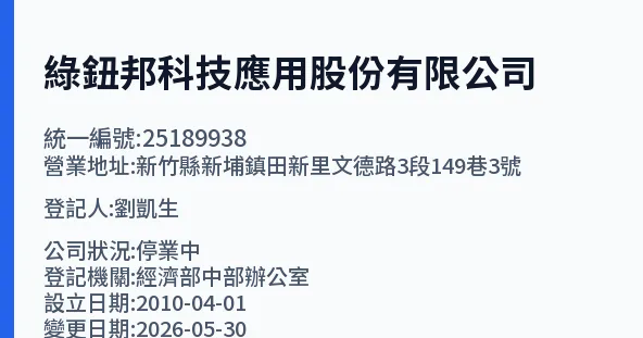 綠鈕邦科技應用股份有限公司的照片-統編 25189938(新竹縣) 公司登記資料與營業項目詳細圖表