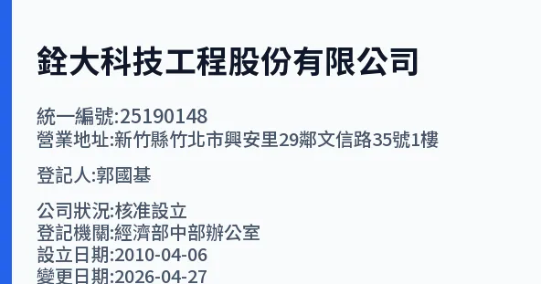 銓大科技工程股份有限公司的照片-統編 25190148(新竹縣) 公司登記資料與營業項目詳細圖表