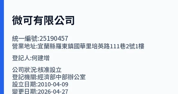 微可有限公司的照片-統編 25190457(宜蘭縣) 公司登記資料與營業項目詳細圖表