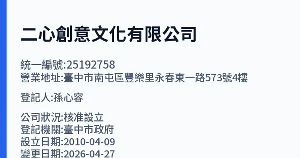 二心創意文化有限公司的照片-統編 25192758(臺中市) 公司登記資料與營業項目詳細圖表