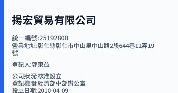 揚宏貿易有限公司的照片-統編 25192808(彰化縣) 公司登記資料與營業項目詳細圖表