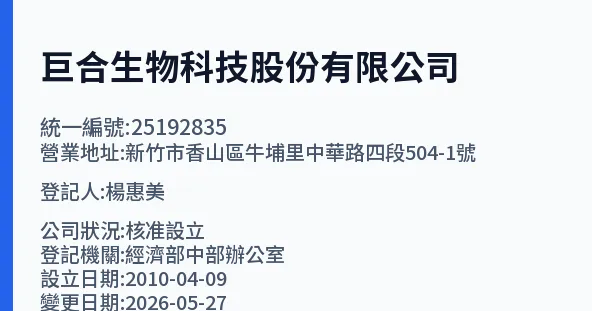 巨合生物科技股份有限公司的照片-統編 25192835(新竹市) 公司登記資料與營業項目詳細圖表