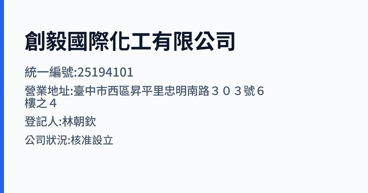 創毅國際化工有限公司 - 統編 25194101(臺中市) 公司登記資料與營業項目詳細圖表