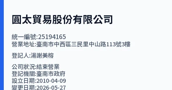 圓太貿易股份有限公司的照片-統編 25194165(臺南市) 公司登記資料與營業項目詳細圖表