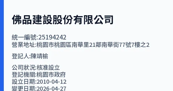 佛品建設股份有限公司的照片-統編 25194242(桃園市) 公司登記資料與營業項目詳細圖表