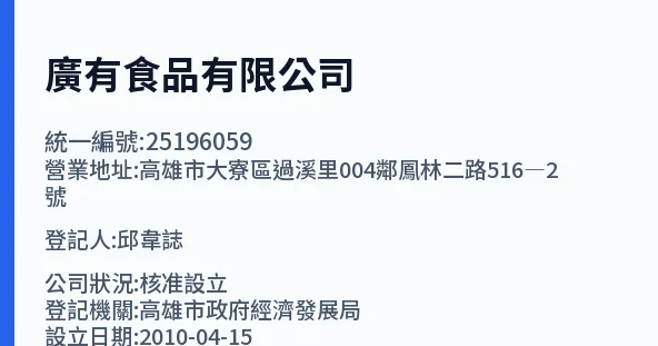 廣有食品有限公司的照片-統編 25196059(高雄市) 公司登記資料與營業項目詳細圖表