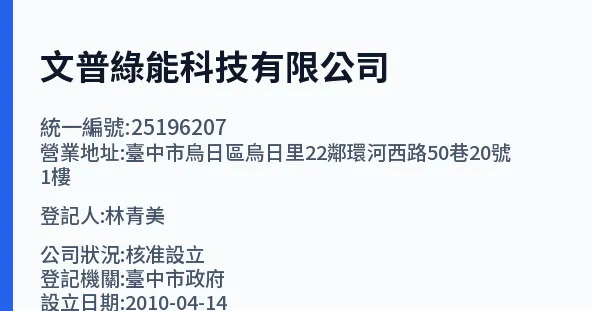 文普綠能科技有限公司的照片-統編 25196207(臺中市) 公司登記資料與營業項目詳細圖表