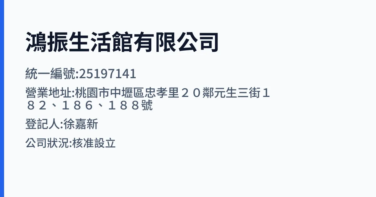 鴻振生活館有限公司 - 統編 25197141(桃園市) 公司登記資料與營業項目詳細圖表