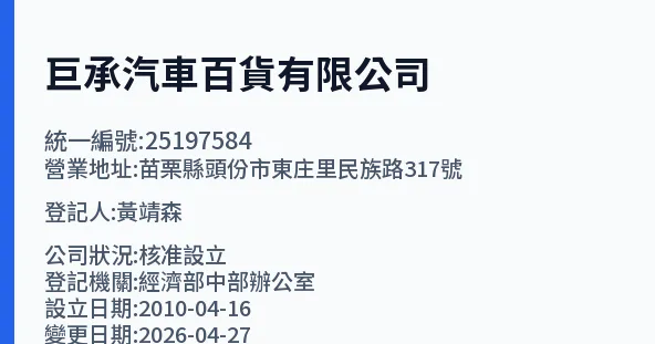 巨承汽車百貨有限公司的照片-統編 25197584(苗栗縣) 公司登記資料與營業項目詳細圖表