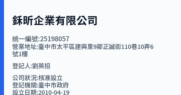 鉌昕企業有限公司的照片-統編 25198057(臺中市) 公司登記資料與營業項目詳細圖表