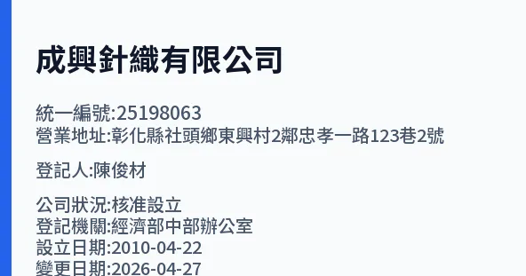 成興針織有限公司的照片-統編 25198063(彰化縣) 公司登記資料與營業項目詳細圖表