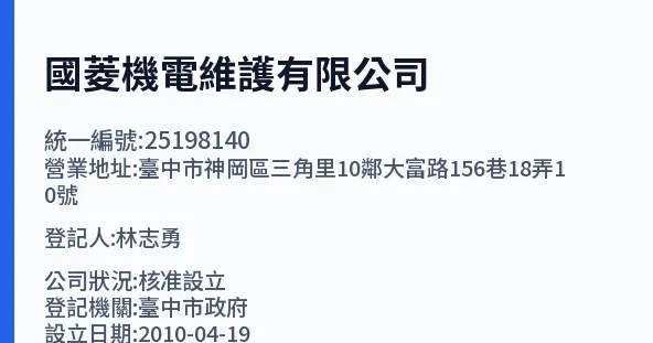 國菱機電維護有限公司的照片-統編 25198140(臺中市) 公司登記資料與營業項目詳細圖表