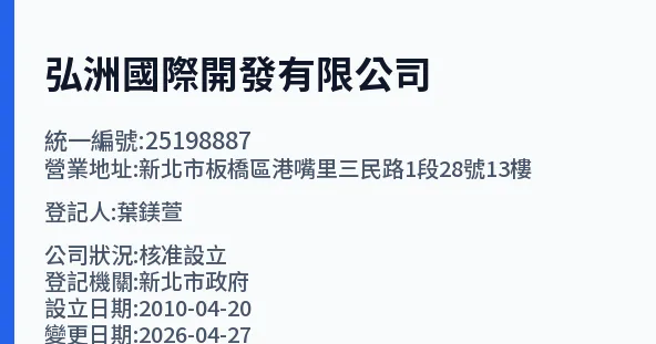 弘洲國際開發有限公司的照片-統編 25198887(新北市) 公司登記資料與營業項目詳細圖表