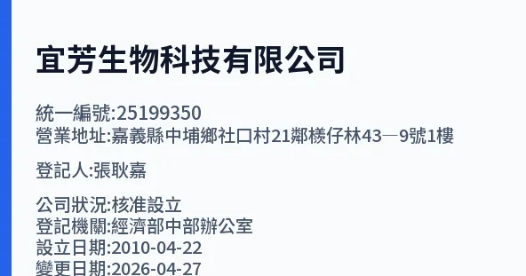 宜芳生物科技有限公司的照片-統編 25199350(嘉義縣) 公司登記資料與營業項目詳細圖表