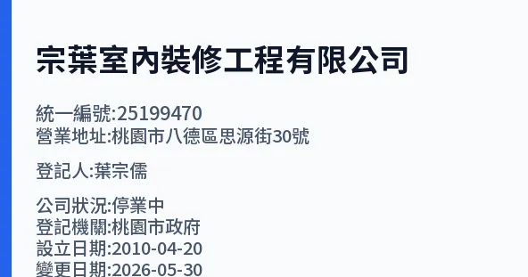 宗葉室內裝修工程有限公司的照片-統編 25199470(桃園市) 公司登記資料與營業項目詳細圖表