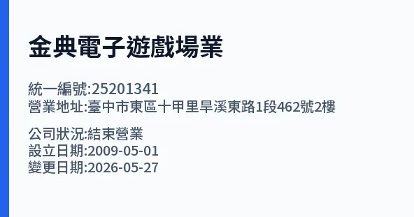 金典電子遊戲場業的照片-統編 25201341(臺中市) 公司登記資料與營業項目詳細圖表