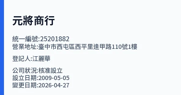 元將商行的照片-統編 25201882(臺中市) 公司登記資料與營業項目詳細圖表