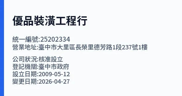 優品裝潢工程行的照片-統編 25202334(臺中市) 公司登記資料與營業項目詳細圖表