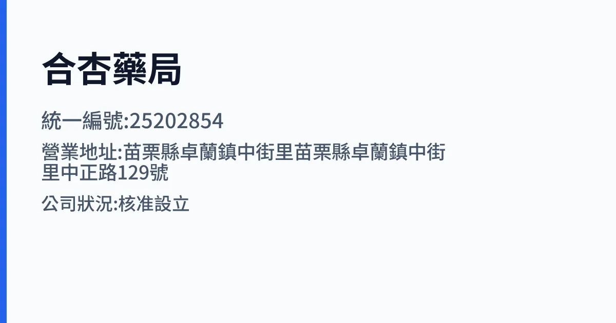 合杏藥局 - 統編 25202854(苗栗縣) 公司登記資料與營業項目詳細圖表