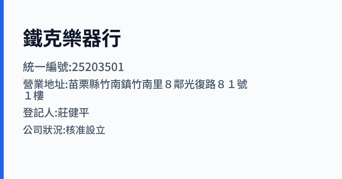 鐵克樂器行 - 統編 25203501(苗栗縣) 公司登記資料與營業項目詳細圖表