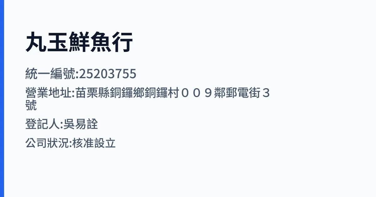 丸玉鮮魚行 - 統編 25203755(苗栗縣) 公司登記資料與營業項目詳細圖表