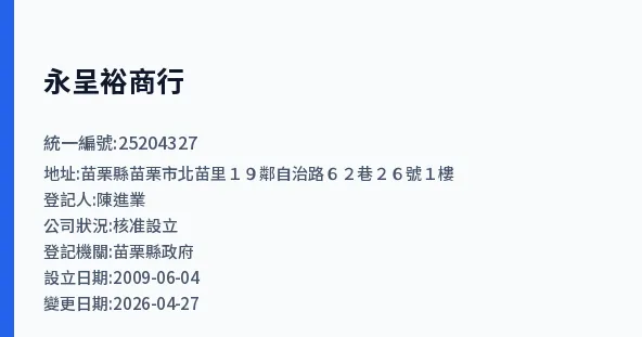 永呈裕商行的照片-統編 25204327(苗栗縣) 公司登記資料與營業項目詳細圖表