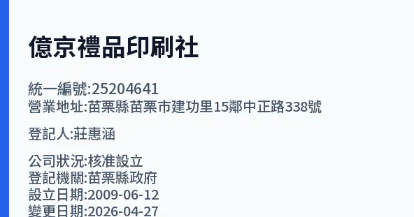 億京禮品印刷社的照片-統編 25204641(苗栗縣) 公司登記資料與營業項目詳細圖表