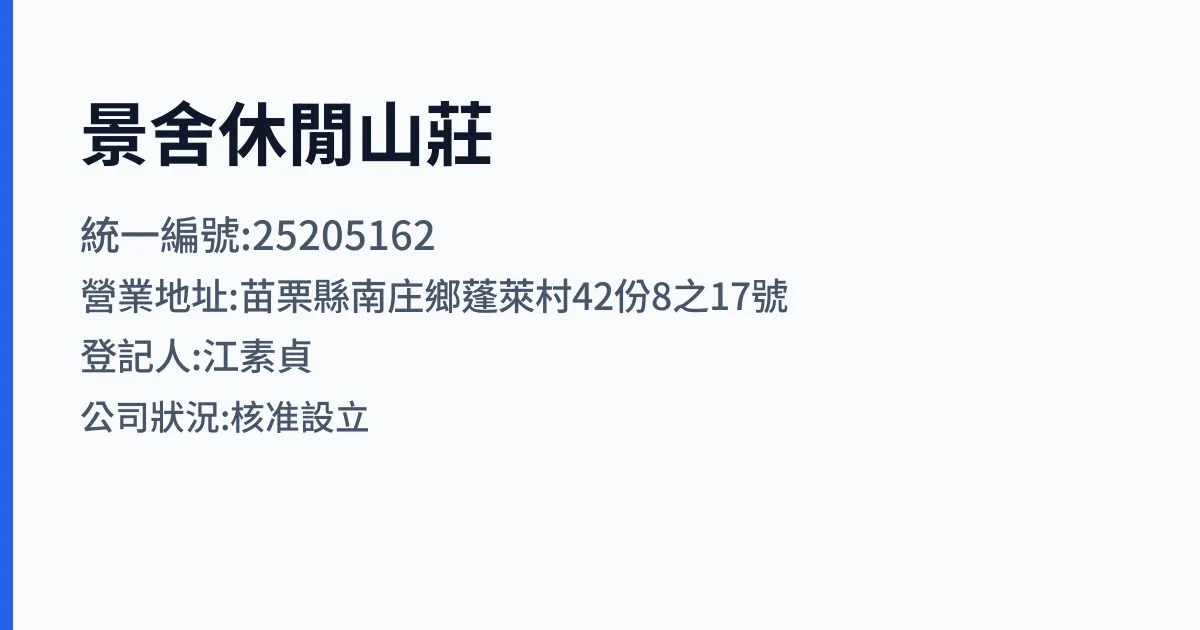 景舍休閒山莊 - 統編 25205162(苗栗縣) 公司登記資料與營業項目詳細圖表