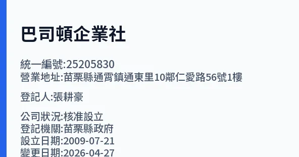 巴司頓企業社的照片-統編 25205830(苗栗縣) 公司登記資料與營業項目詳細圖表