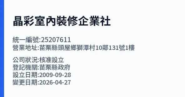 晶彩室內裝修企業社的照片-統編 25207611(苗栗縣) 公司登記資料與營業項目詳細圖表