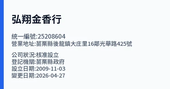 弘翔金香行的照片-統編 25208604(苗栗縣) 公司登記資料與營業項目詳細圖表