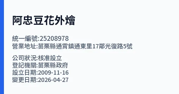阿忠豆花外燴的照片-統編 25208978(苗栗縣) 公司登記資料與營業項目詳細圖表