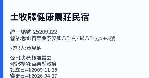 土牧驛健康農莊民宿的照片-統編 25209322(苗栗縣) 公司登記資料與營業項目詳細圖表