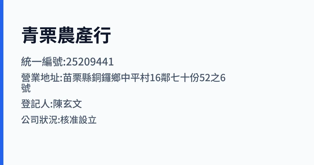 青栗農產行 - 統編 25209441(苗栗縣) 公司登記資料與營業項目詳細圖表