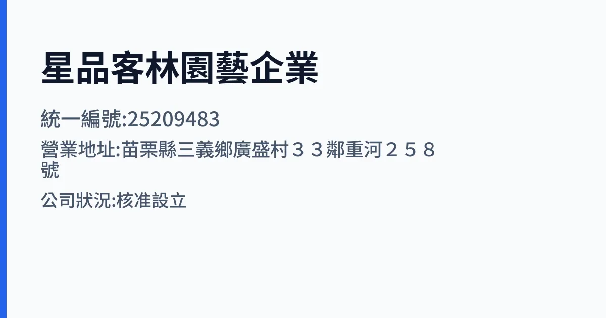 星品客林園藝企業 - 統編 25209483(苗栗縣) 公司登記資料與營業項目詳細圖表